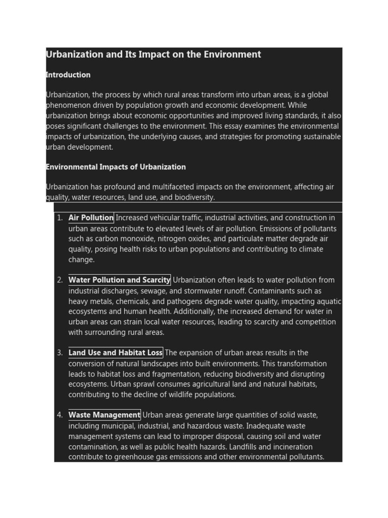 Urbanization and Its Impact On The Environment | PDF | Urbanization | Water Pollution