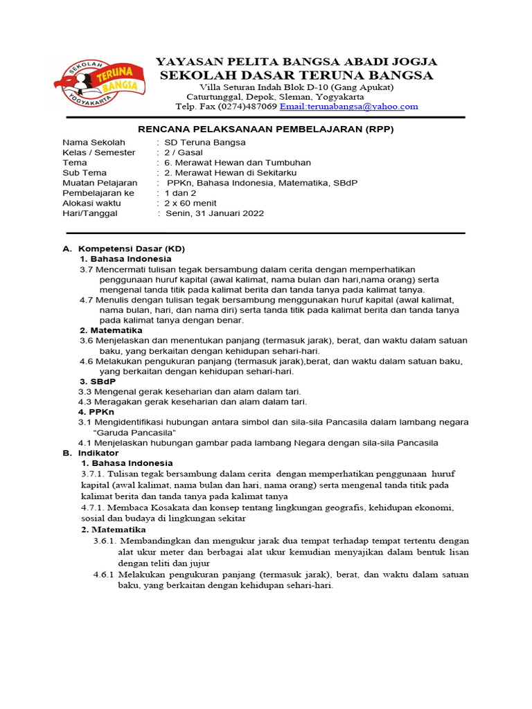 RPP SD Teruna Bangsa Kelas 2 | PDF | Karier & Perkembangan