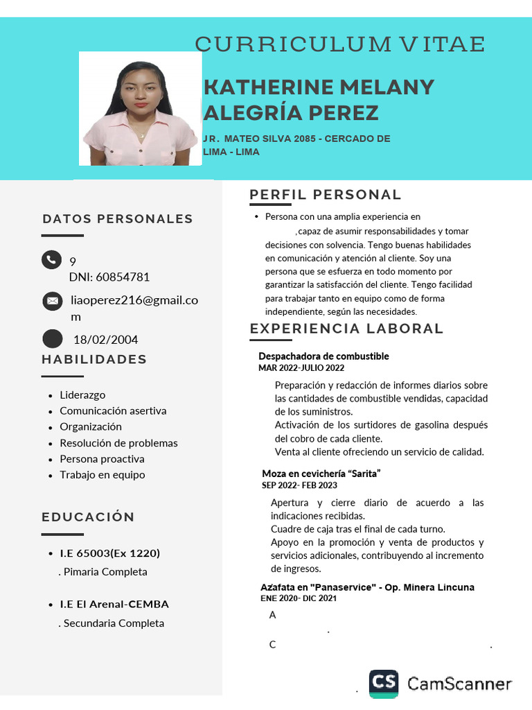 CV Documentado Melanie Alegria Perez | PDF | Documento de identidad