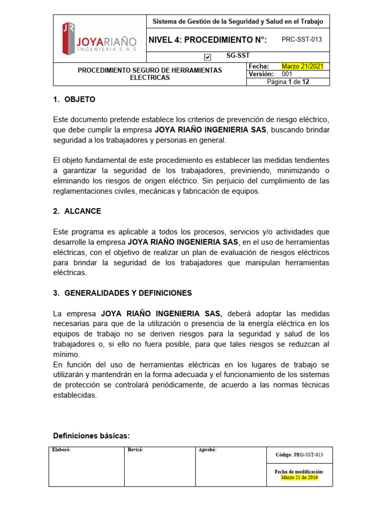 PRG-SST-013 Procedimiento de Herramientas Eléctricas | PDF | Cableado eléctrico | Ingenieria ...