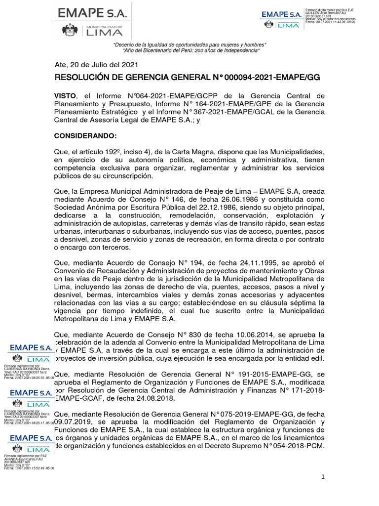 ROF 2021 - Resolución #094-2021-EMAPE-GG | PDF | Presupuesto | Auditoría