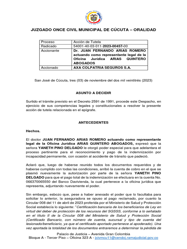 Tutela de Arias Quintero Abogados | PDF | Seguro | Debido al proceso