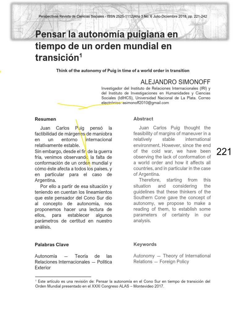 Simonoff Pensar La Autonomía Puigiana en Tiempo de Un Orden Mundial en ...