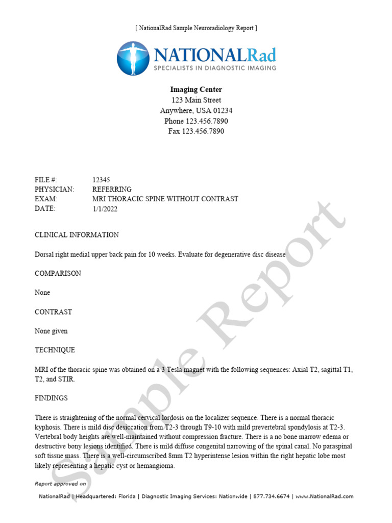 Thoracic Spine MRI Report | PDF | Vertebral Column | Spinal Cord