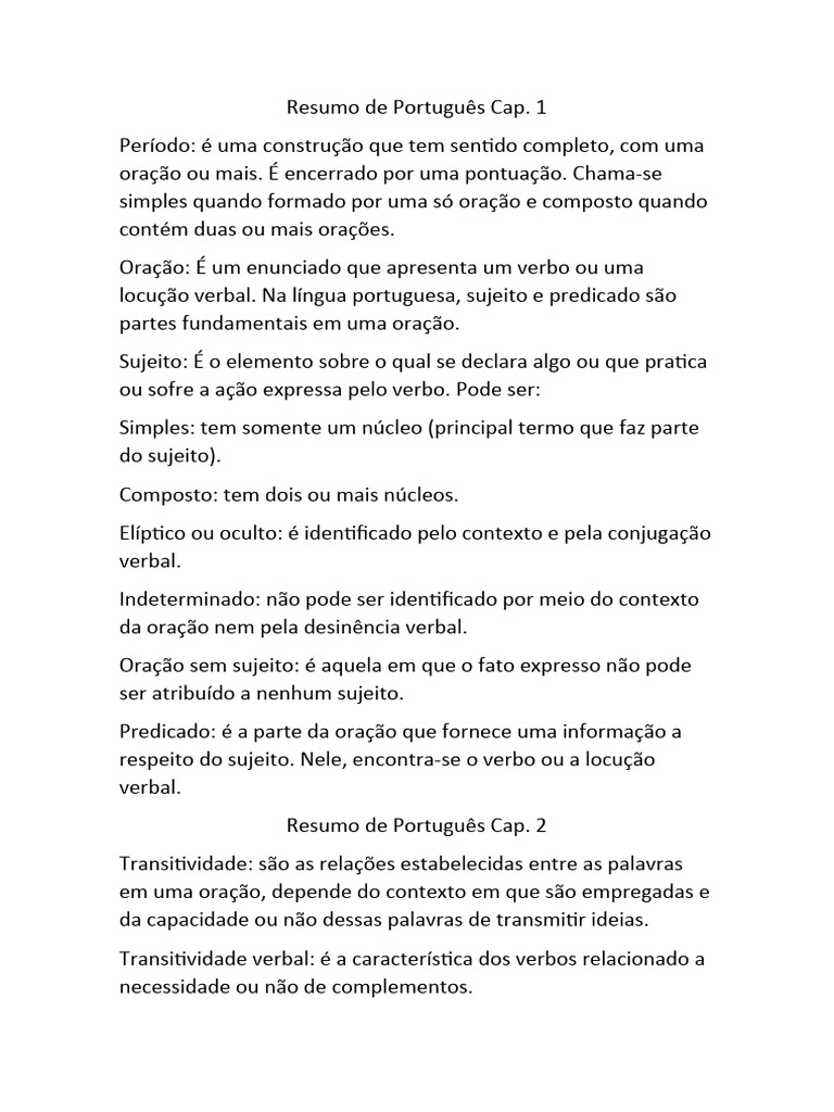 Resumo de Português Cap 1, 2, 3, 4 e 5 | Download grátis PDF | Assunto ...