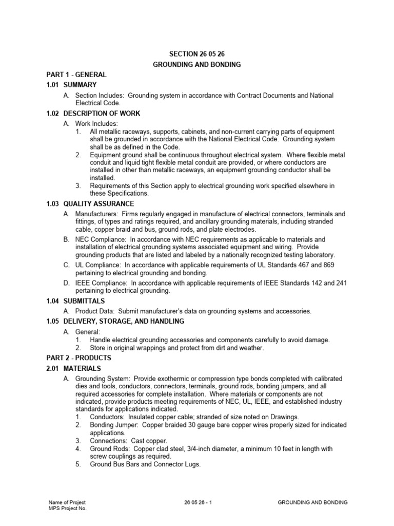 26 05 26 User-Grounding and Bonding | PDF | Electrical Connector ...