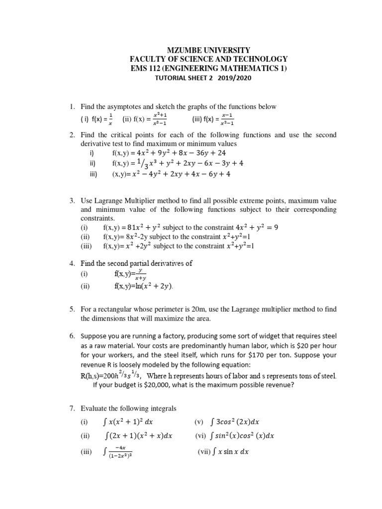 Tutorial 2 EMS 112 | PDF | Mathematical Analysis | Mathematics