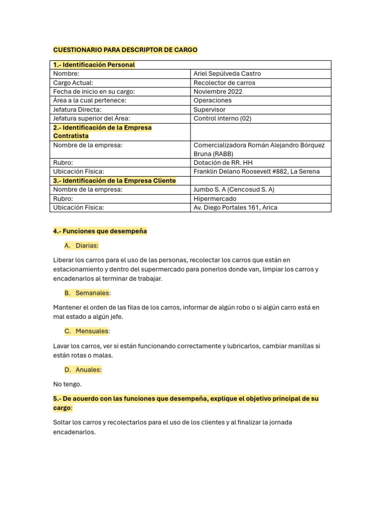 Cuestionario para Descriptor de Cargo | PDF