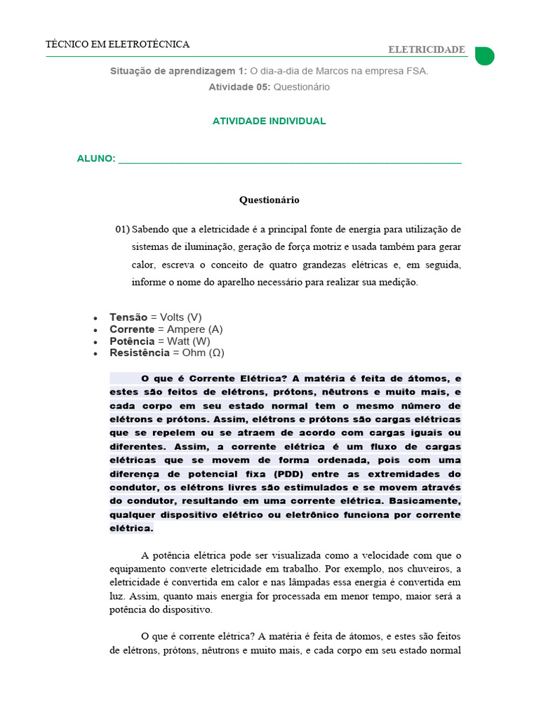 Folha de Resposta - Atividade 05 | PDF | Eletricidade | Corrente elétrica