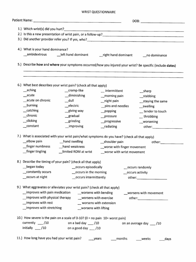 Questionnaire Wrist | PDF