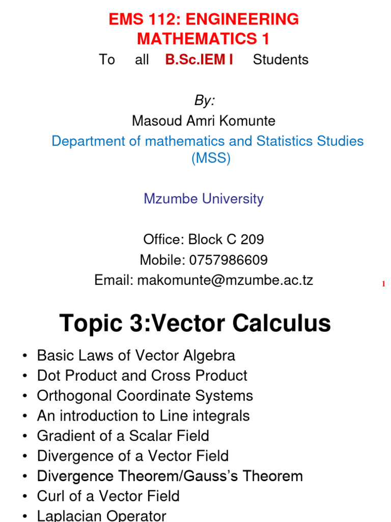 EMS 112-Topic 3-Vector Calculus (NEW) | PDF | Divergence | Euclidean Vector