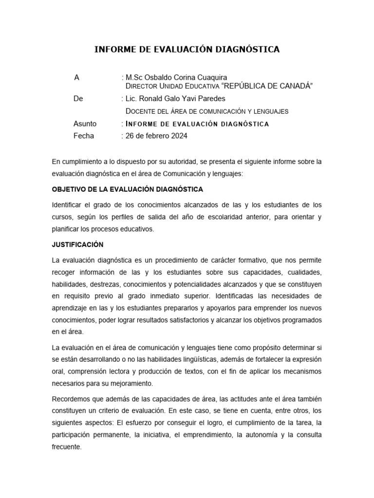 Informe diagnostico 2024 (1) | PDF | Evaluación | Comprensión lectora