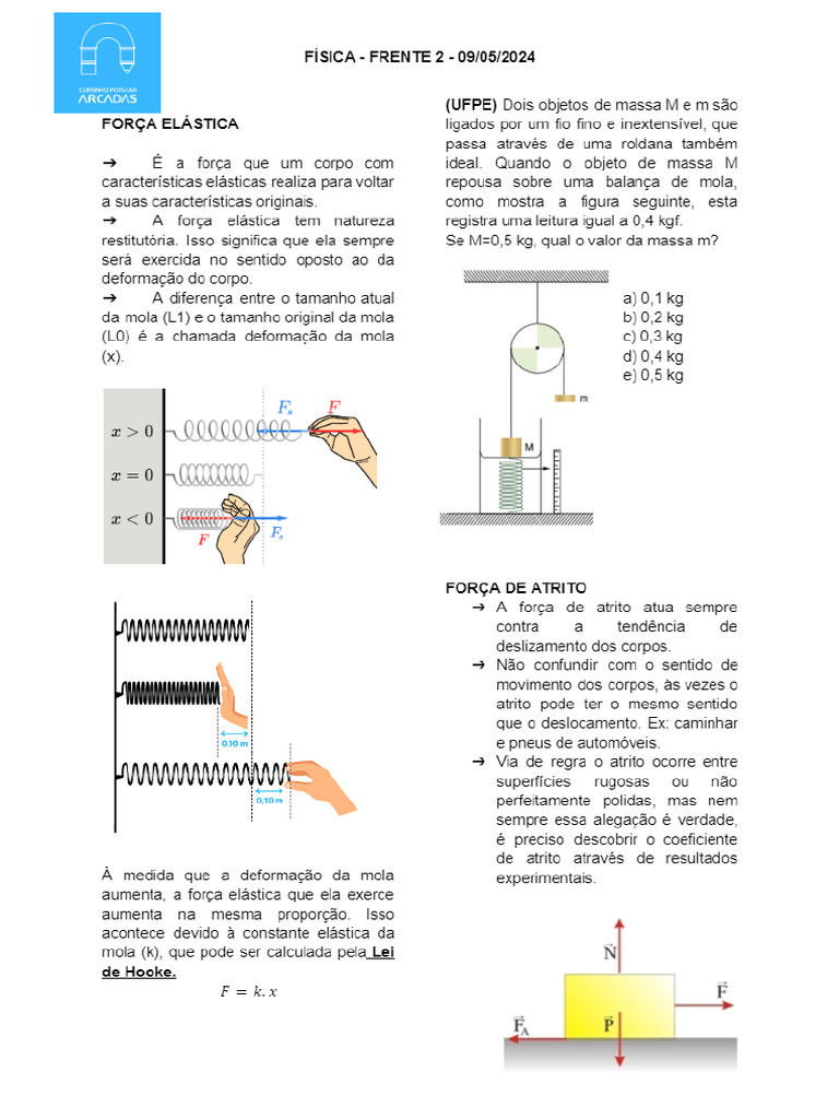 FORÇA ELÁSTICA E DE ATRITO - Aula Arcadas | PDF