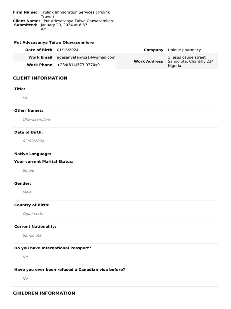 Canada Family Intake Form | PDF | International English Language ...