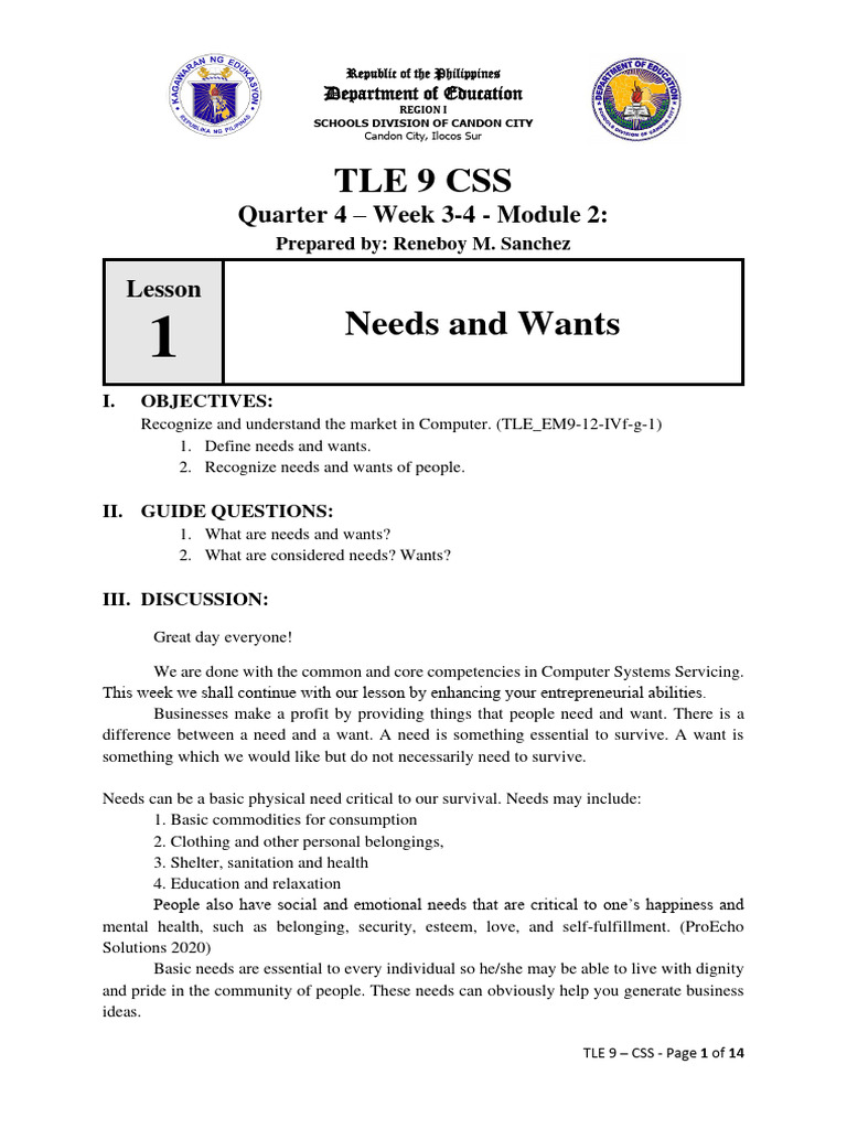 Tle-9 Css q4 w3-4 m2 Lds Needs-And-wants RTP | PDF | Swot Analysis | Economies