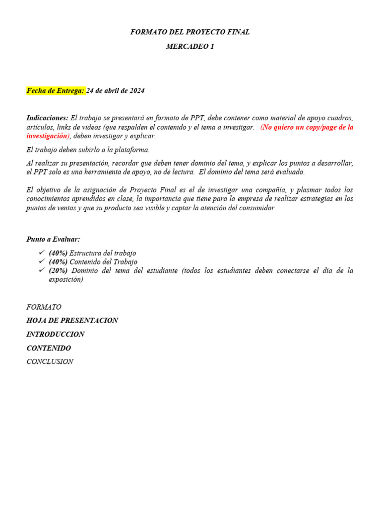 FORMATO DE PROYECTO FINAL | PDF | Marketing | Producto (Negocio)