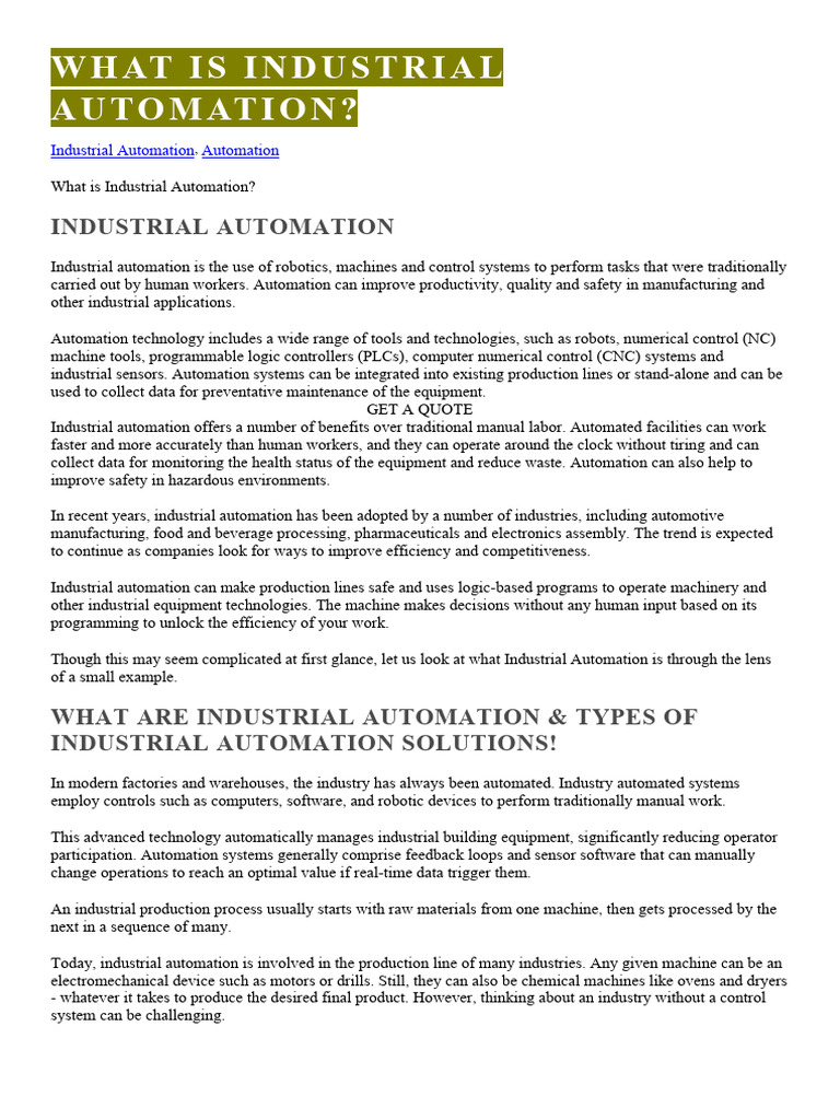 What Is Industrial Automation | PDF | Automation | Programmable Logic ...