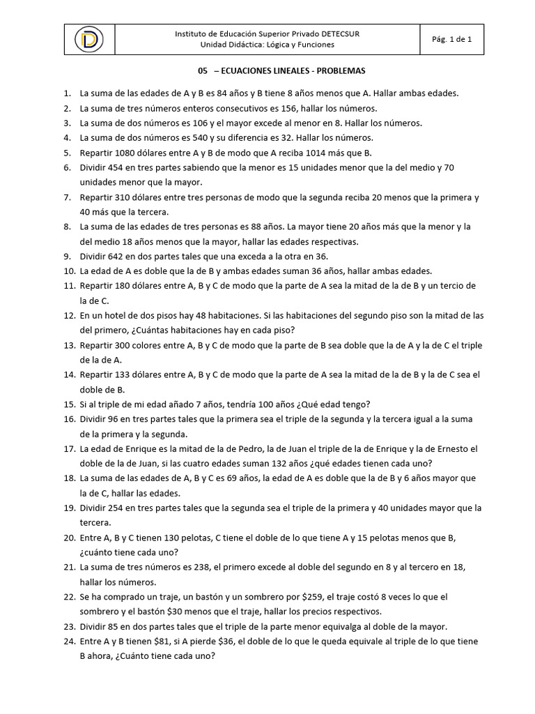 05 Guia Ecuaciones Lineales - Problemas | PDF