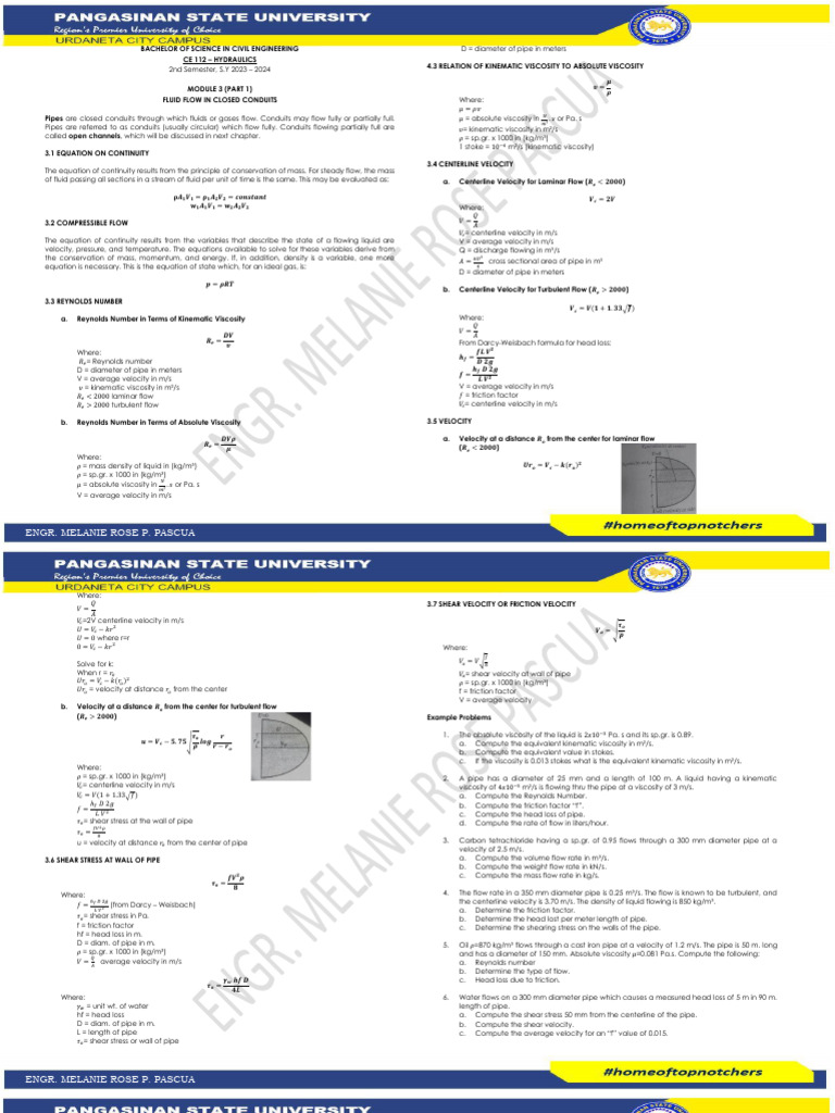 Module 3 (Part 1) - Fluid Flow in Closed Conduits | Download Free PDF | Reynolds Number | Fluid ...