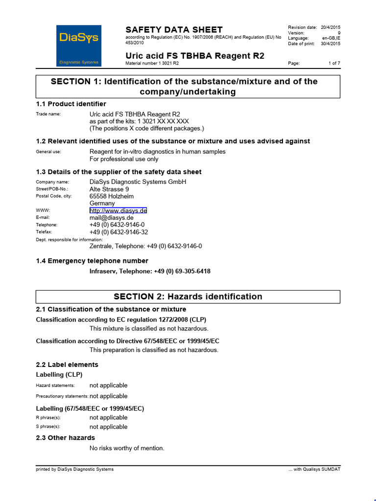 Uric Acid FS TBHBA Reagent R2-en-GB-9 | PDF | Dangerous Goods | Waste