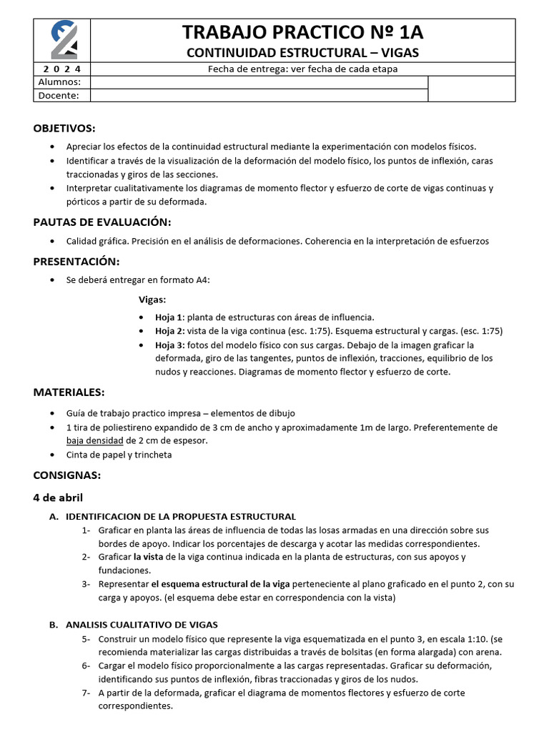 TP 1A - Continuidad Estructural - Vigas 2024 | Descargar gratis PDF | Viga (Estructura ...