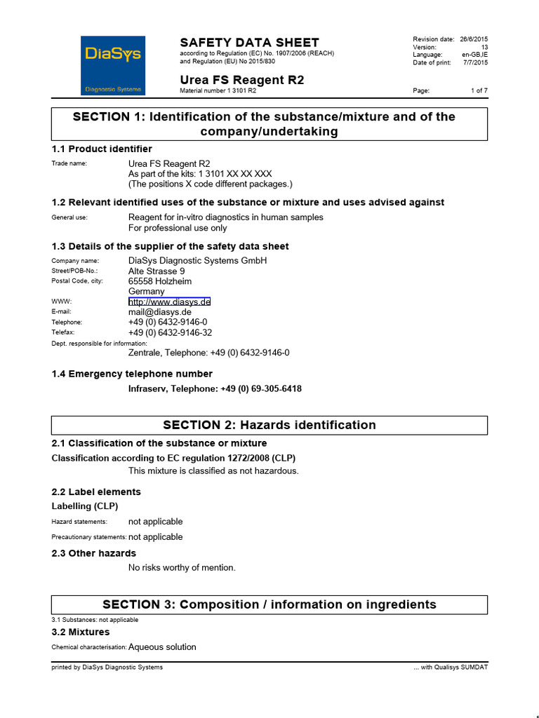 Urea FS Reagent R2-en-GB-13 | PDF | Waste | Dangerous Goods