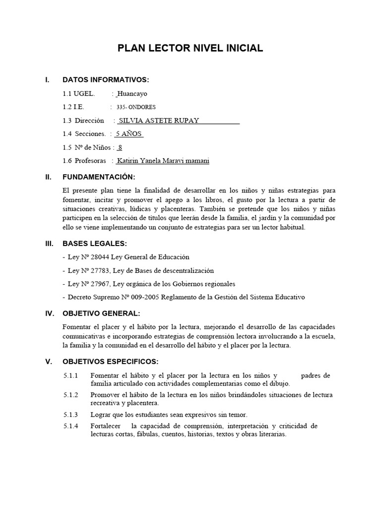 Plan Lector Nivel Inicial | PDF | La lingüística aplicada | Aprendizaje