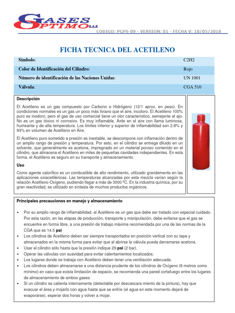PGPS-09 Ficha Tecnica Del Acetileno | PDF | Gases | Agua
