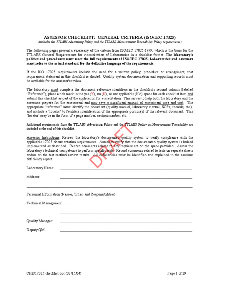 ISO 17025 Checklist | PDF | Calibration | Metrology