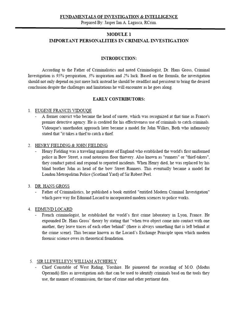 MODULE 1 - Fundamentals of Investigation and Intelligence | PDF | Crimes | Crime & Violence