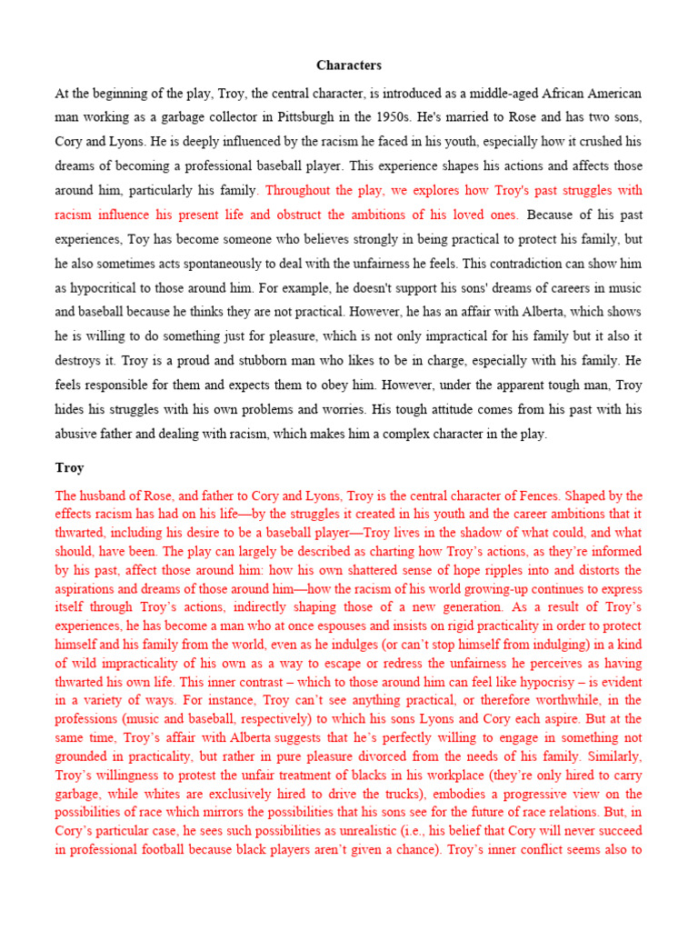 Characters Fences | PDF | Fences (Play) | Social Psychology