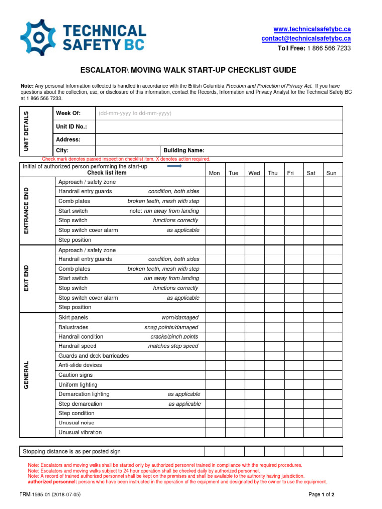 ED Escalator - Moving Start-Up Checklist Guide Form 1595 - 0 | PDF ...