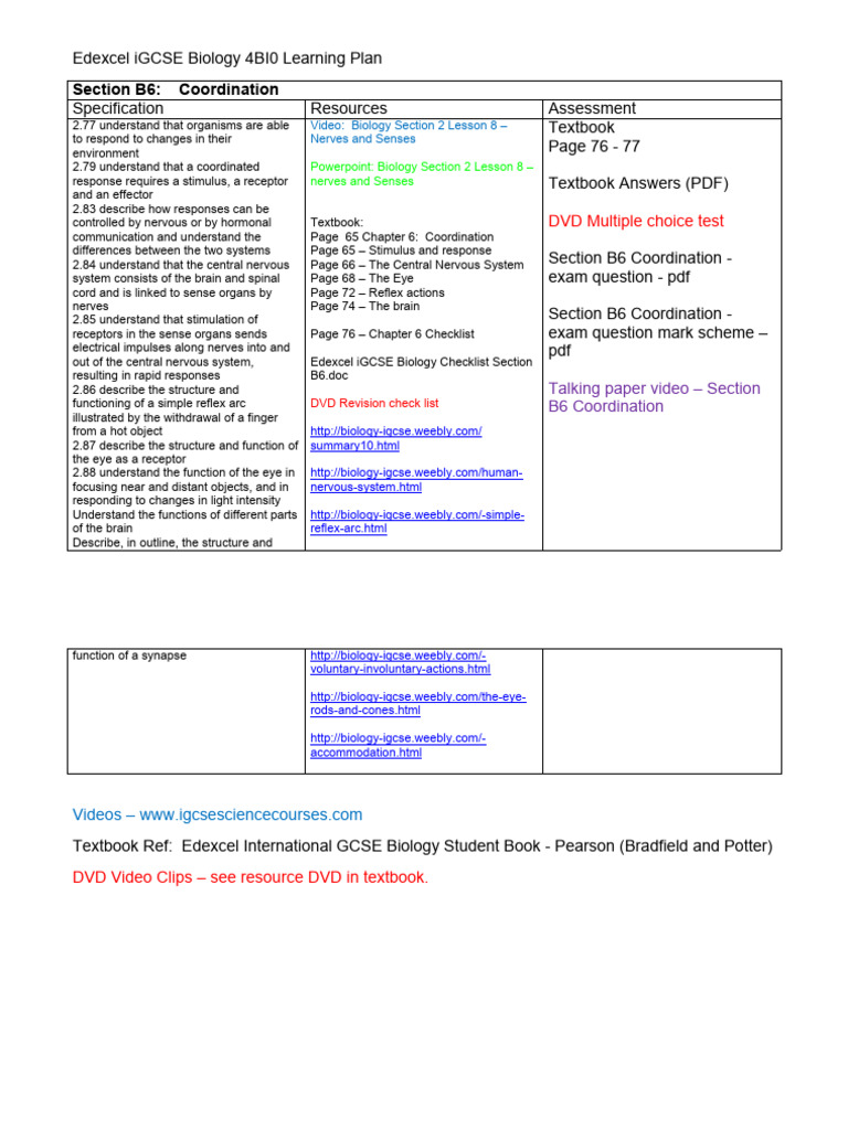 Edexcel Igcse Biology Section B6 Pdf Nervous System Nerve