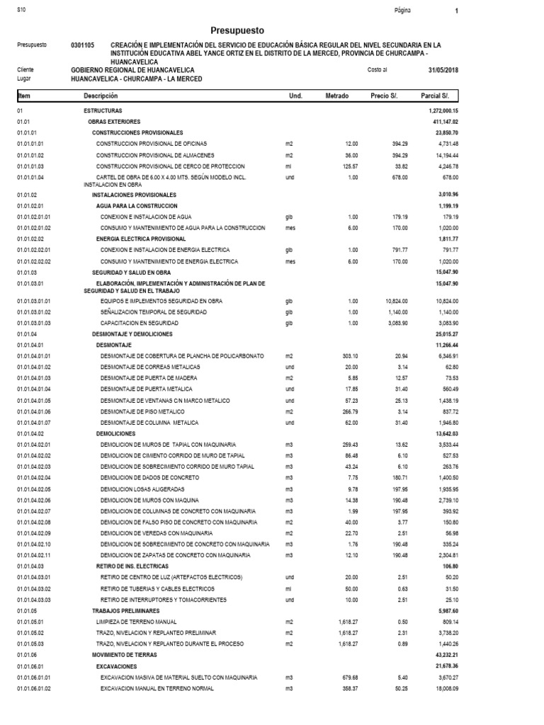 Presupuesto Educación Secundaria Huancavelica | PDF | Fundación (Ingeniería) | Edificios y ...