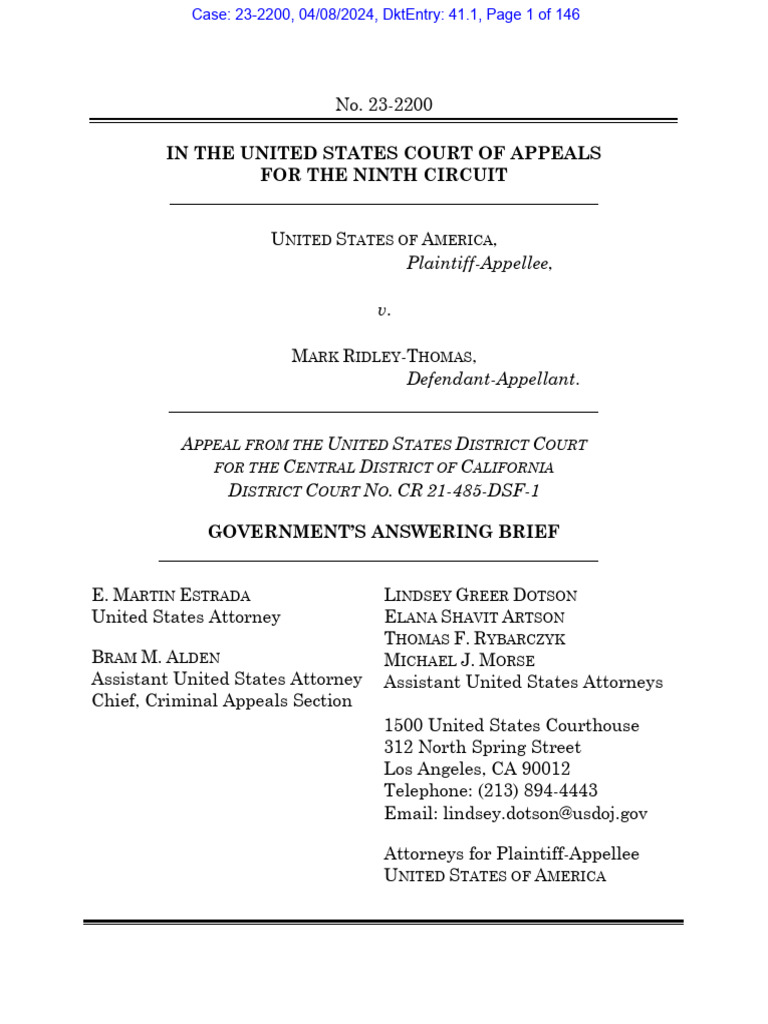 US Gov't Answering Brief To The Appellate Brief by Mark Ridley-Thomas ...