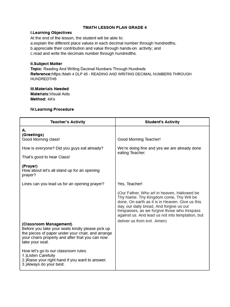 Tmath Lesson Plan | PDF | Lord's Prayer | Learning