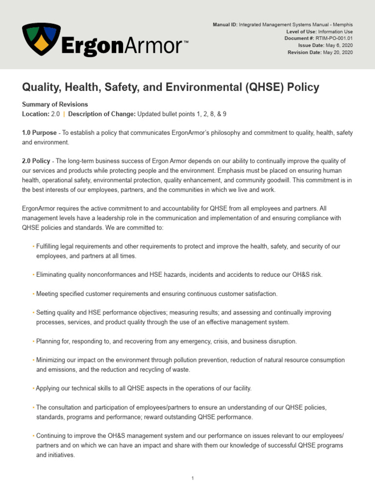ErgonArmor Quality Health Safety and Evnironmental QHSE Policy FINAL ...