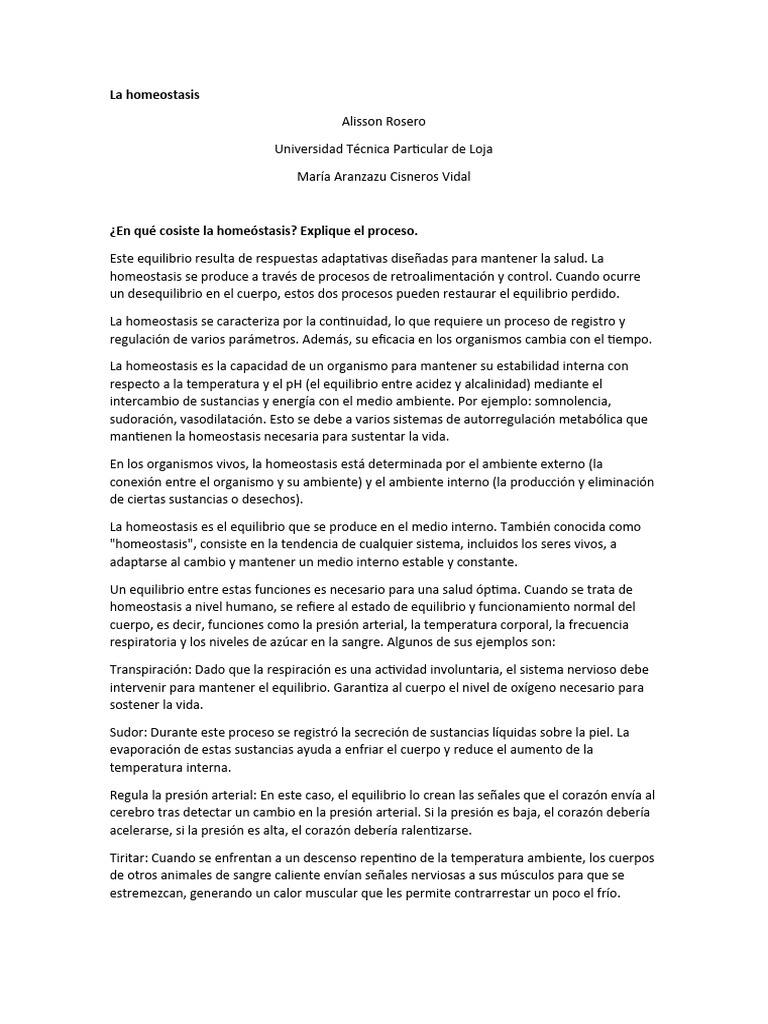 Homeostasis: Mantenimiento del Equilibrio Interno | PDF | Homeostasis ...