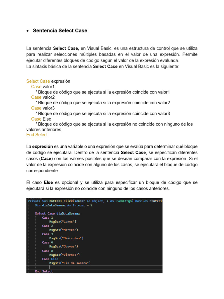 Sentencia Select Case | PDF | Básico | Ingeniería Informática