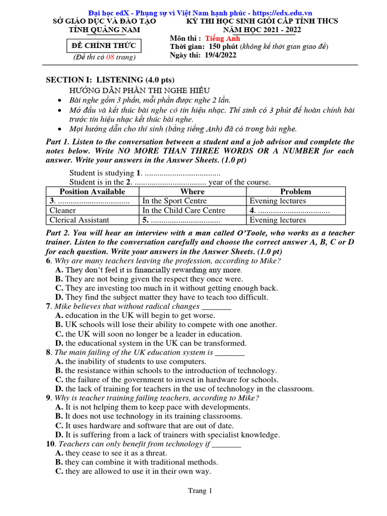 Đề Thi HSG Môn Tiếng Anh Lớp 9 Sở GD Quảng Nam 2021-2022 Có File Nghe Và Đáp Án | PDF