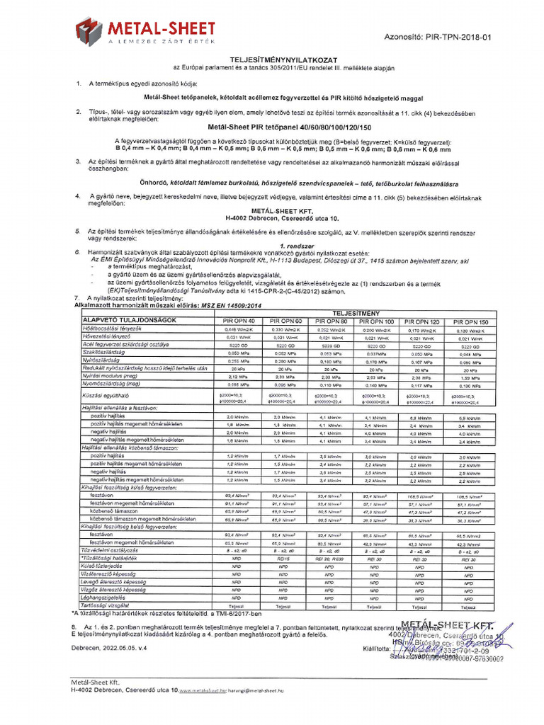 Teljesítménynyilatkozat PIR TPN Metal-Sheet | PDF