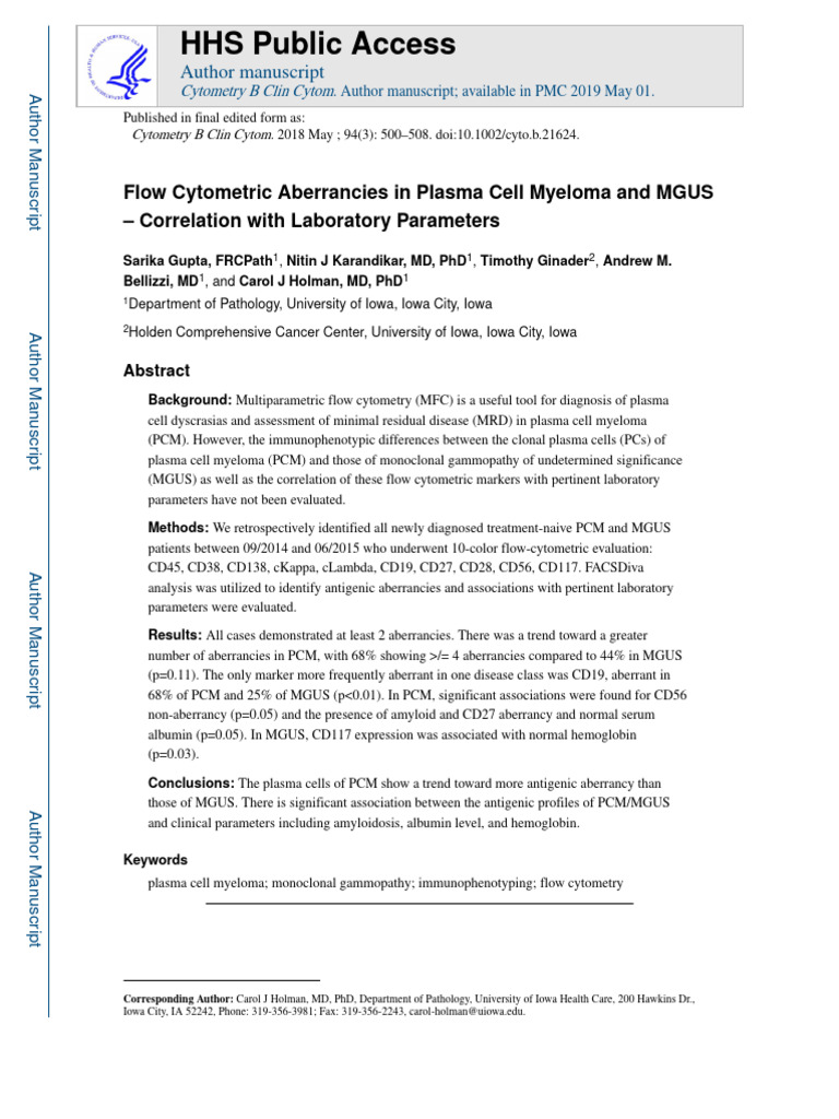 (2018) Flow Cytometric Aberrancies in Plasma Cell Myeloma and MGUS ...