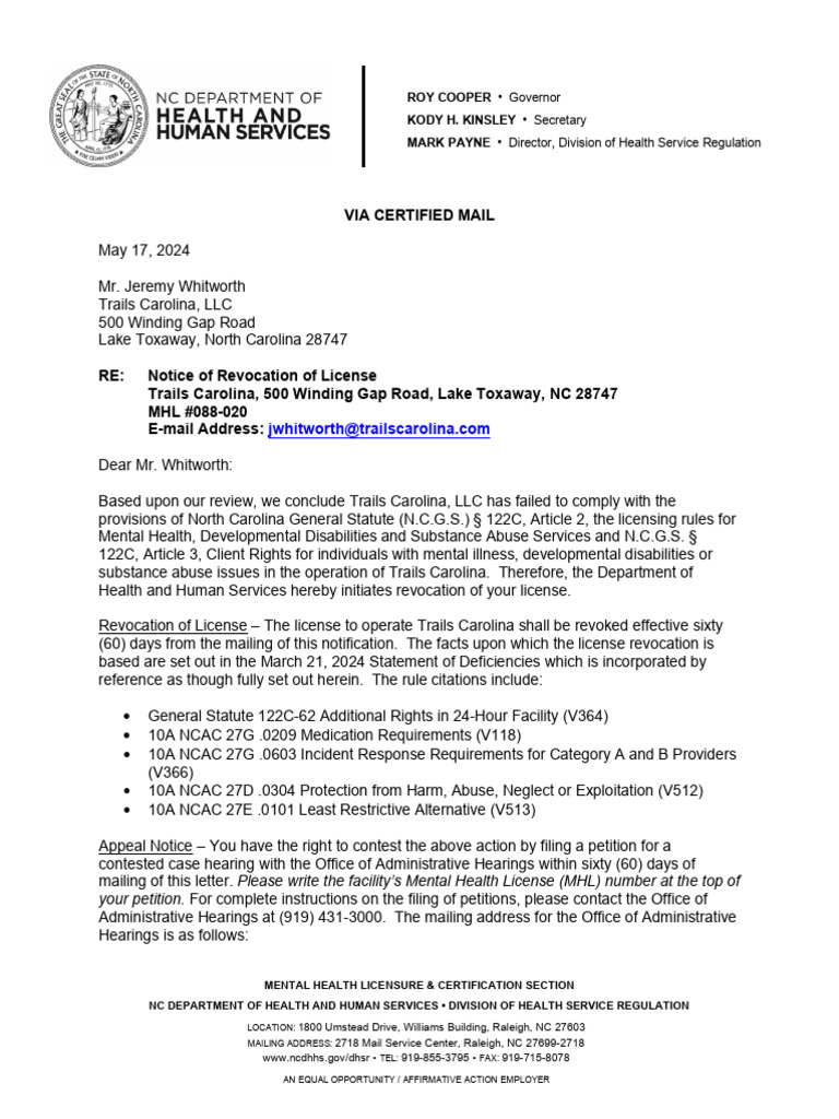NCDHHS License Revocation Letter To Trails Carolina May 17, 2024 | PDF