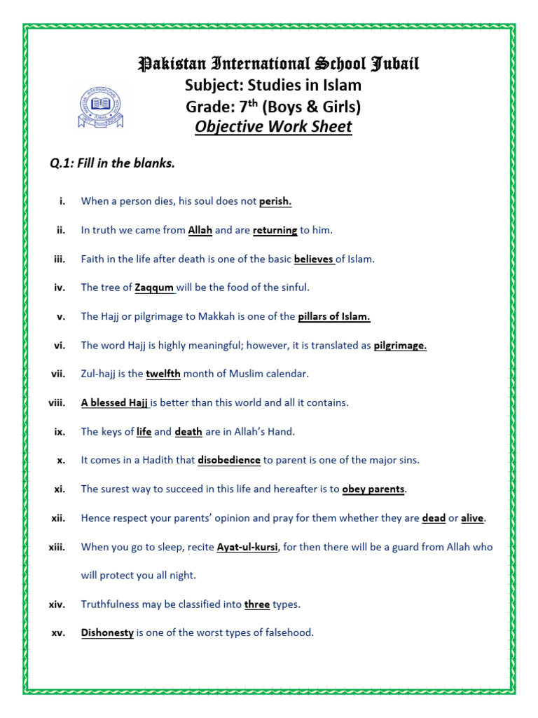 7th Grade Islamic Studies Worksheet | PDF | Hajj | Abrahamic Religions