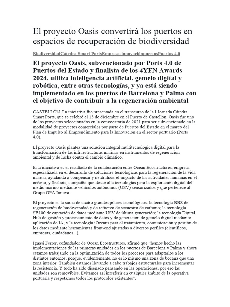 El Proyecto Oasis Convertirá Los Puertos en Espacios de Recuperación de ...