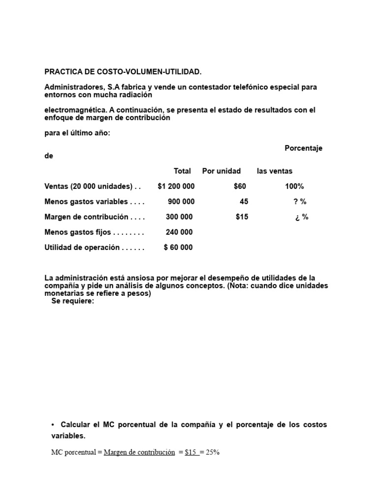 Practica de Costo-Volumen-Utilidad. | PDF | Apalancamiento (Finanzas) | Porcentaje