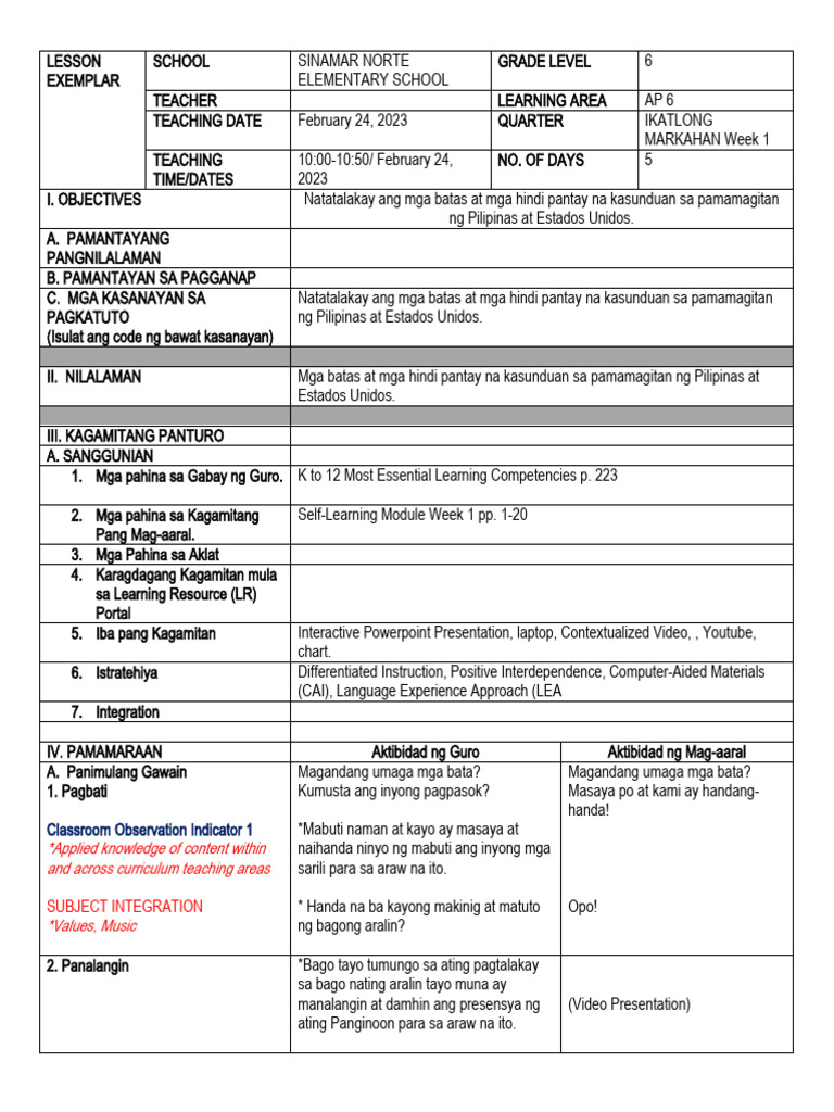 Lesson Exemplar Ap 6. Final | PDF