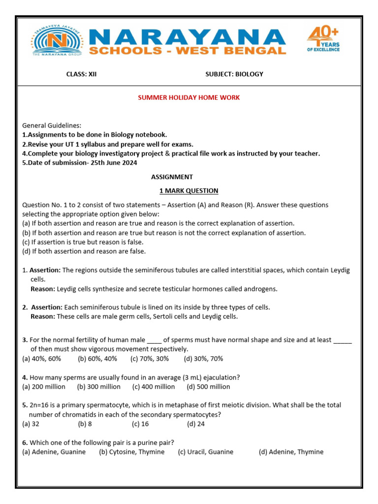 C-Xii Biology Summer Vacation HHW 2024-25 | PDF | Biology | Biological Processes