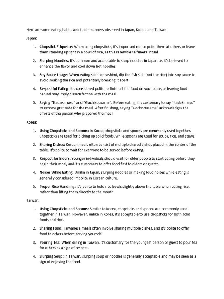 Eating Habits and Table Manners in Different Countries | PDF | Cuisine ...