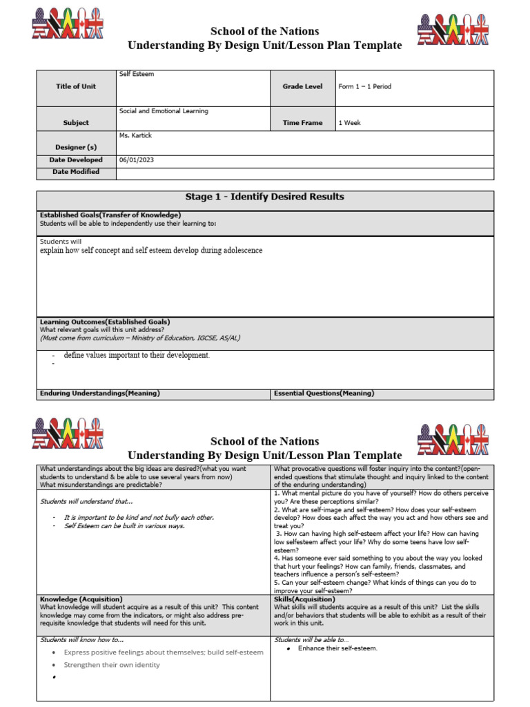 Kartick - WK2 - Sel - F1 - T2 Journal | Download Free PDF | Self Esteem | Lesson Plan